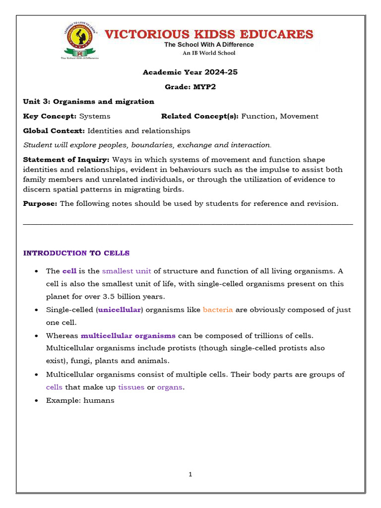 MYP2_Unit3_Organisms_and_migration_Part1 | PDF | Tissue (Biology ...