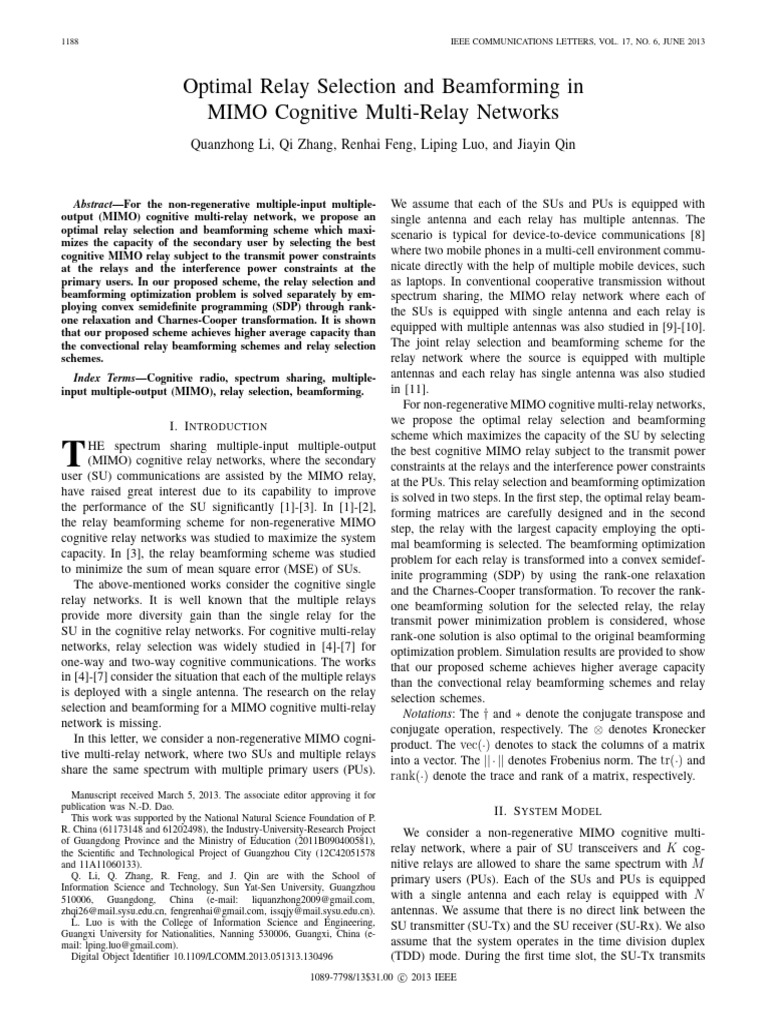 Relay Selection and Beamforming in CRN | PDF | Mimo | Cognitive Radio