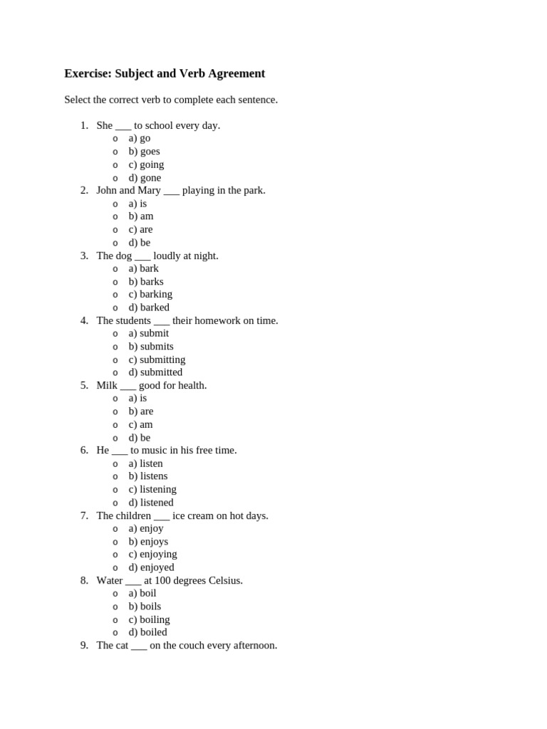 Subject-Verb Agreement Exercise | PDF