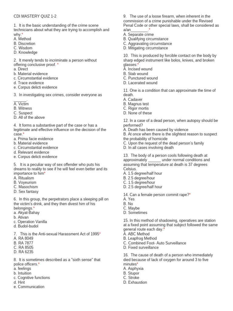 Mastery Quiz | PDF | Crime Scene | Crimes
