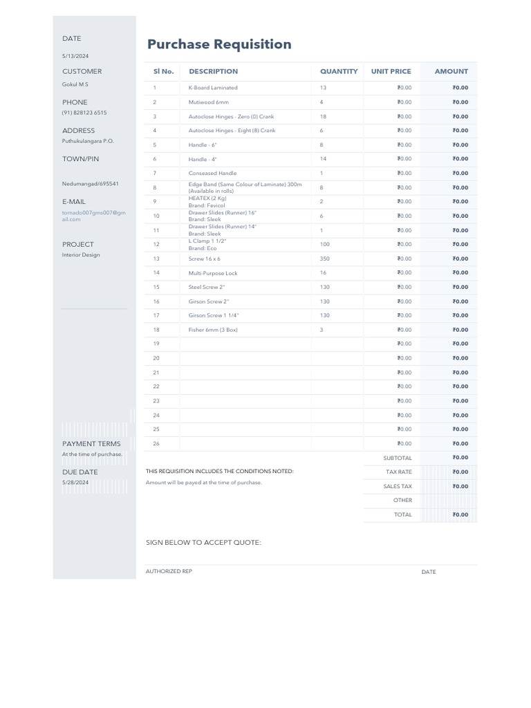 Interior Purchase List | PDF