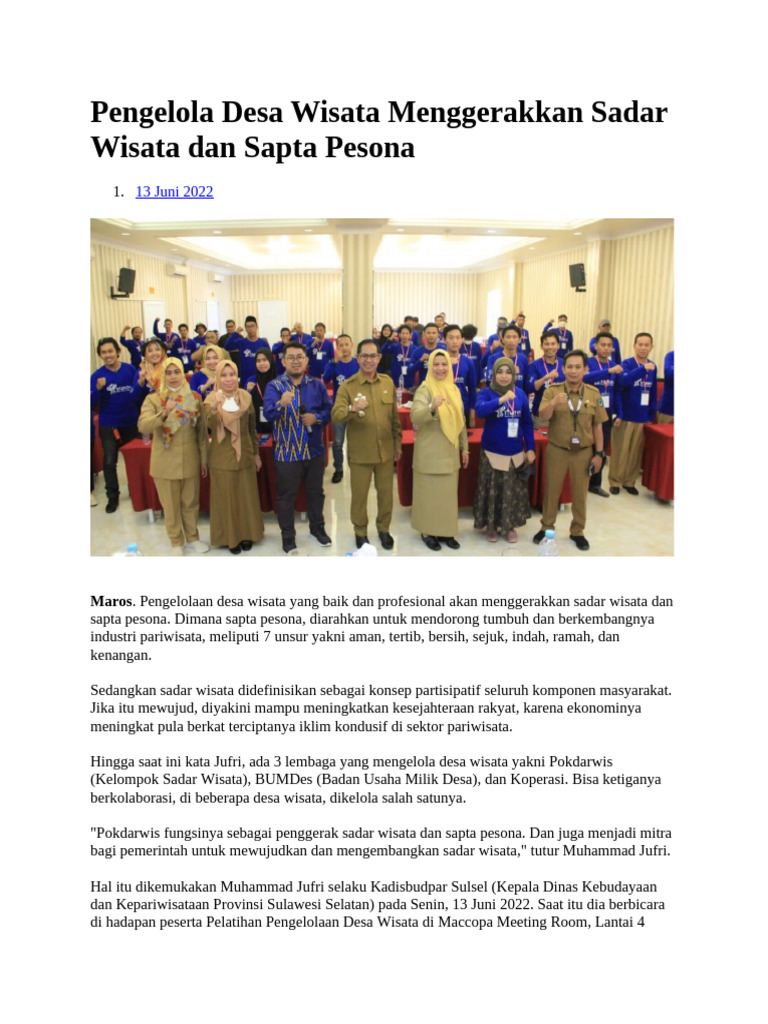 Pengelola Desa Wisata Menggerakkan Sadar Wisata Dan Sapta Pesona | PDF