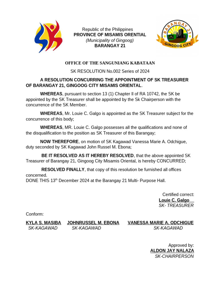 Sk-treasurer and Secretary Resolution Appointment | PDF | Government