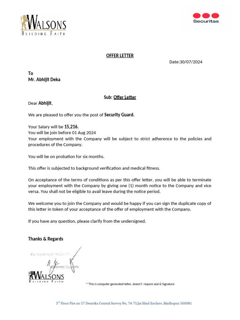 Security Guard Offer Letter for Abhijit Deka | PDF