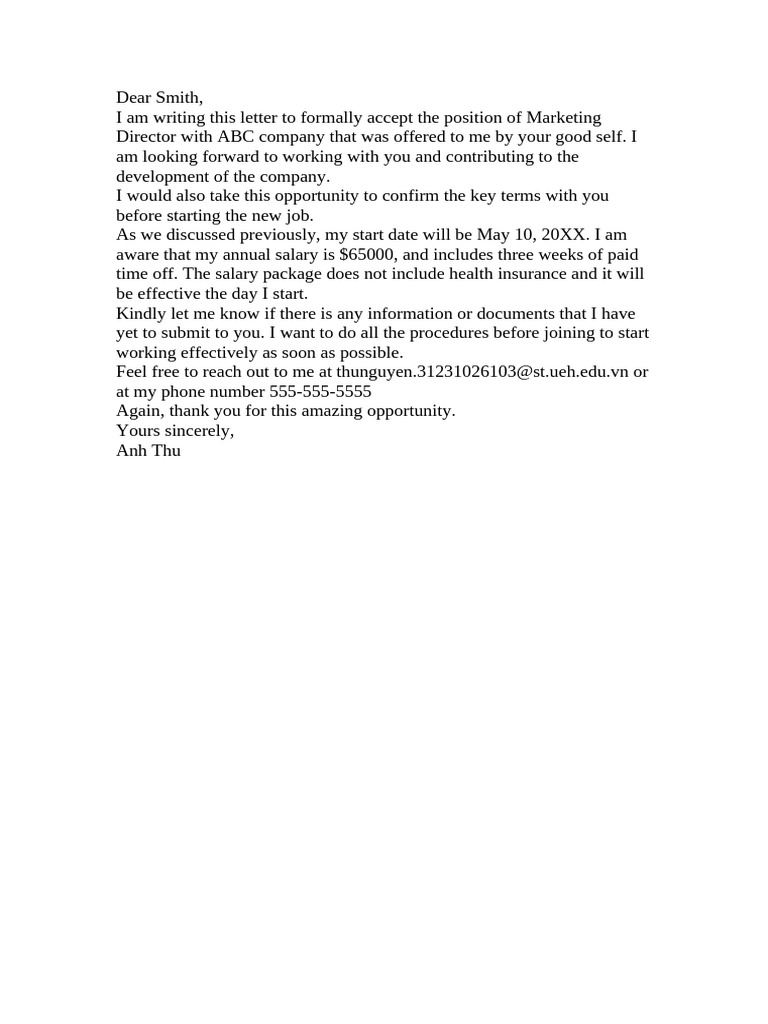 Acceptance Letter for Marketing Director Position | PDF
