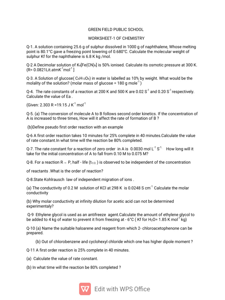 Worksheet - 1 of Chemistry | PDF | Chemical Reactions | Mole (Unit)