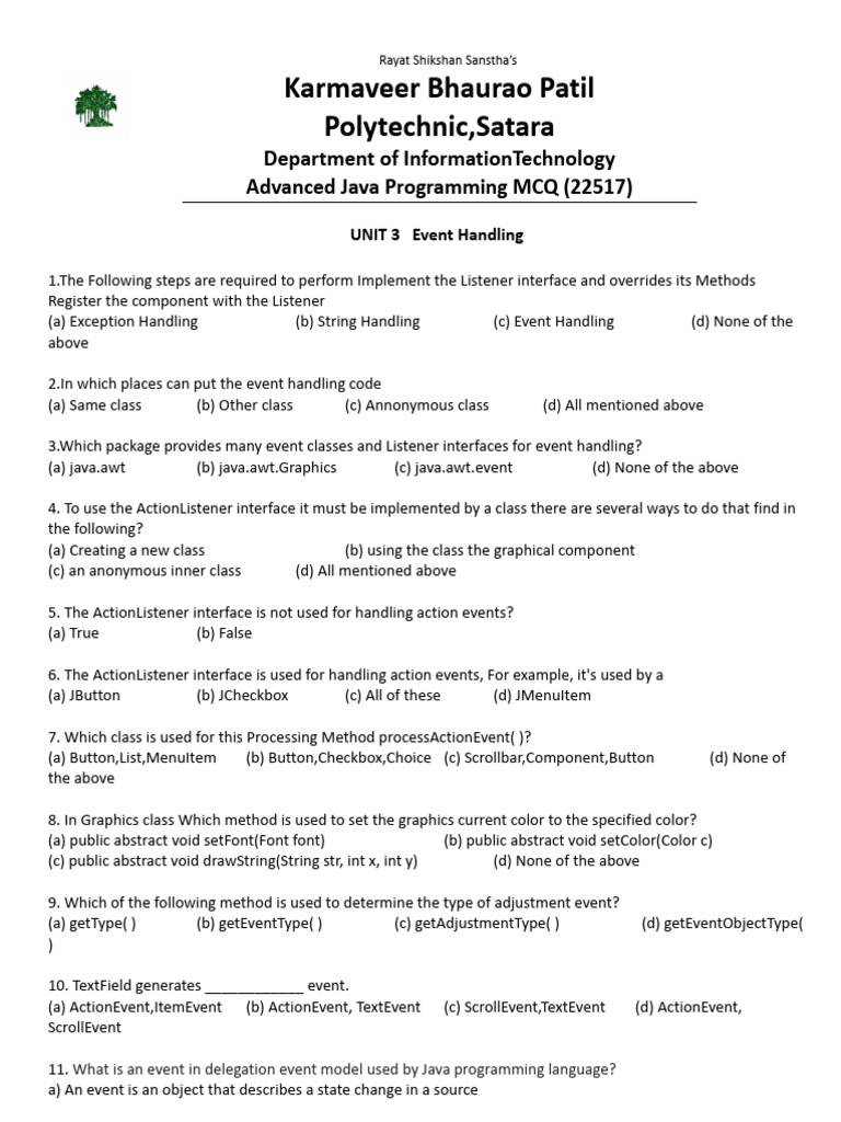 Advanced Java Event Handling MCQs | PDF | Method (Computer Programming) | Button (Computing)