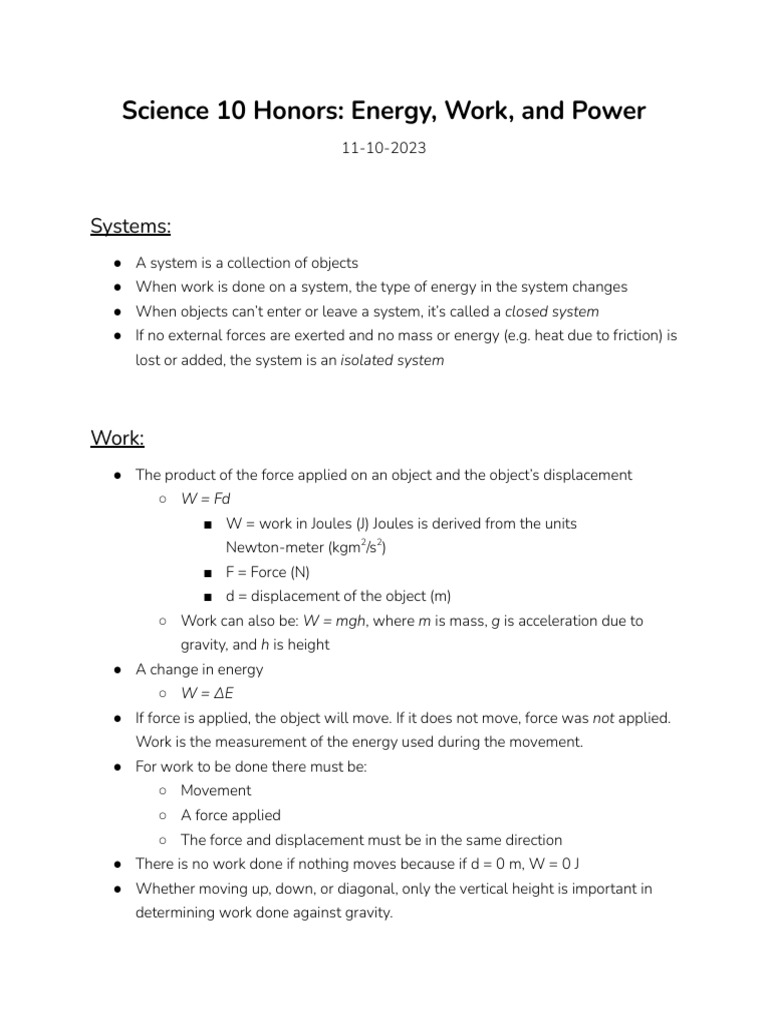 Science Honors_ Energy, Work, and Power | PDF | Force | Mechanics
