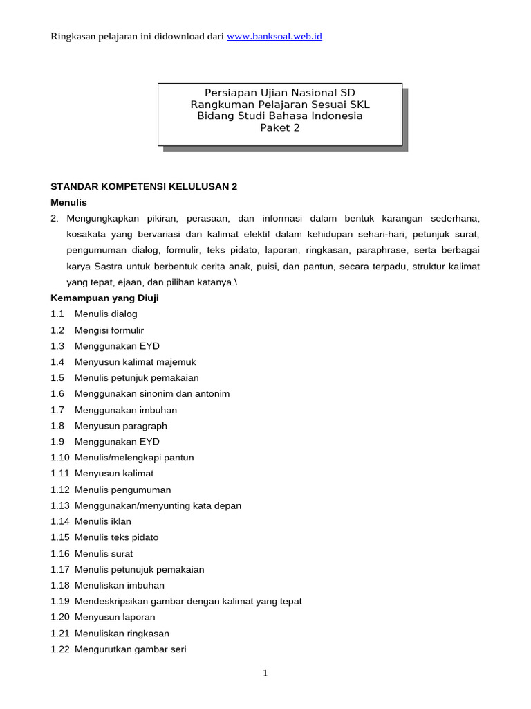 Rangkuman Materi Persiapan UN SD Sesuai SKL - Bahasa Indonesia Paket 2 | PDF