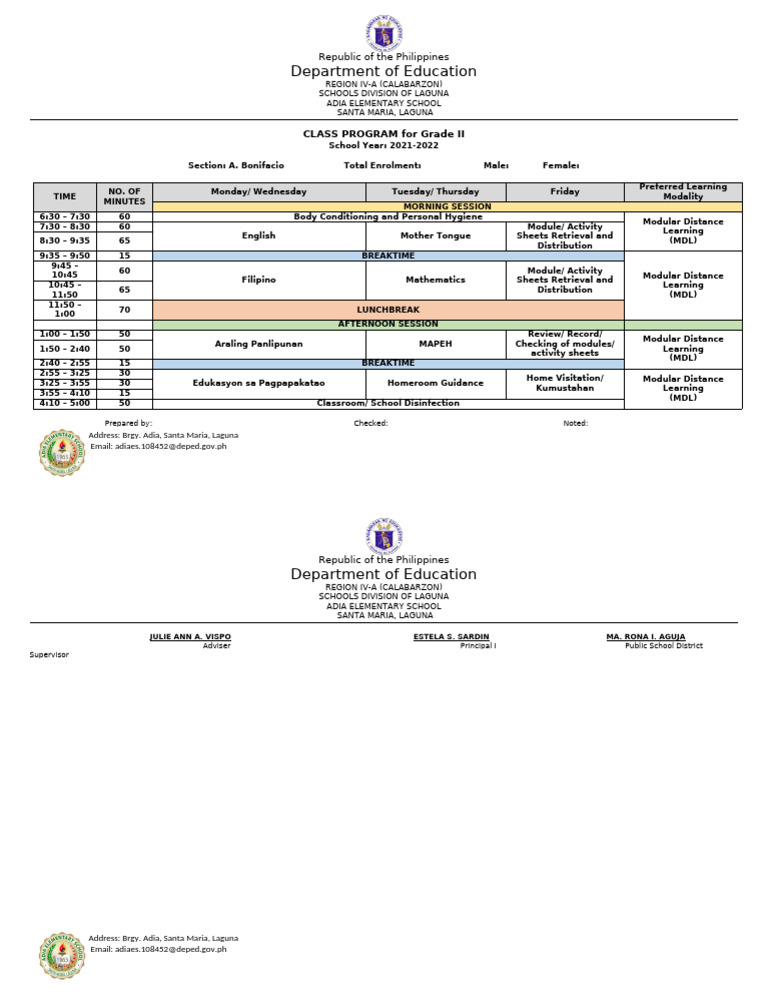 Grade II Class Program 2021-2022 | PDF