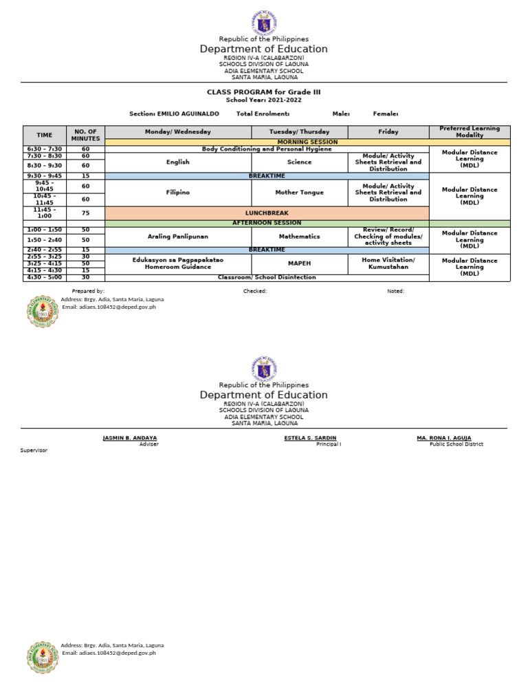 GRADE-3-CLASS-PROGRAM-SY-2021-2022 | PDF | Philippines