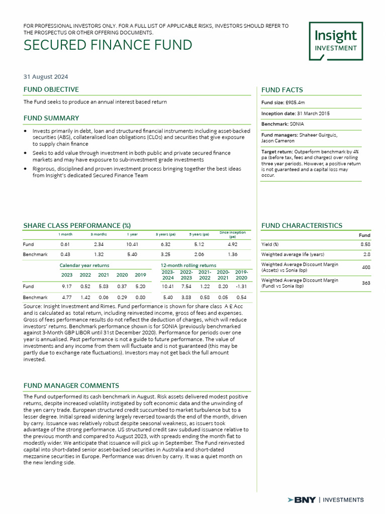 Secured Finance Fund 2024 08 | PDF | Securitization | Investing
