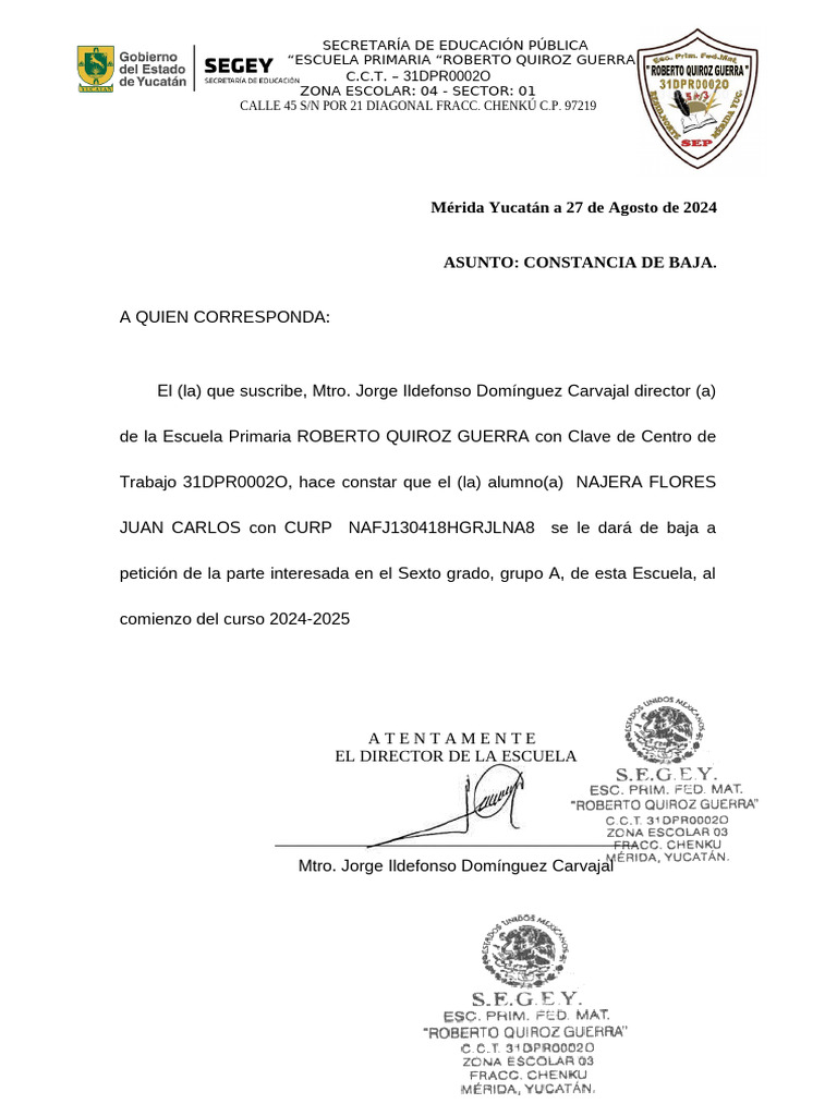 Constancia de Baja Escolar 2024 | PDF