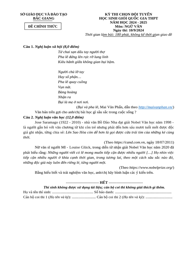 6 de Thi Va Dap An Mon Ngu Van Chon DTQG 2024-2025 c899f | PDF