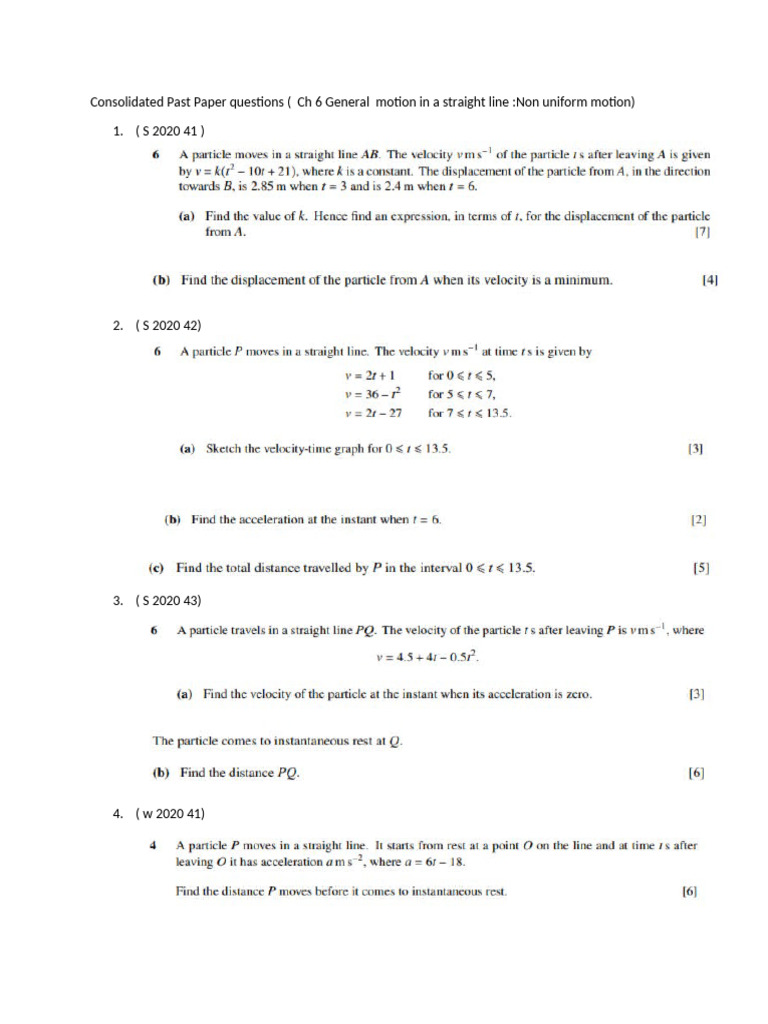 Consolidated Past Paper Questions General Motion (CH 6) 9709 Paper 4 | PDF
