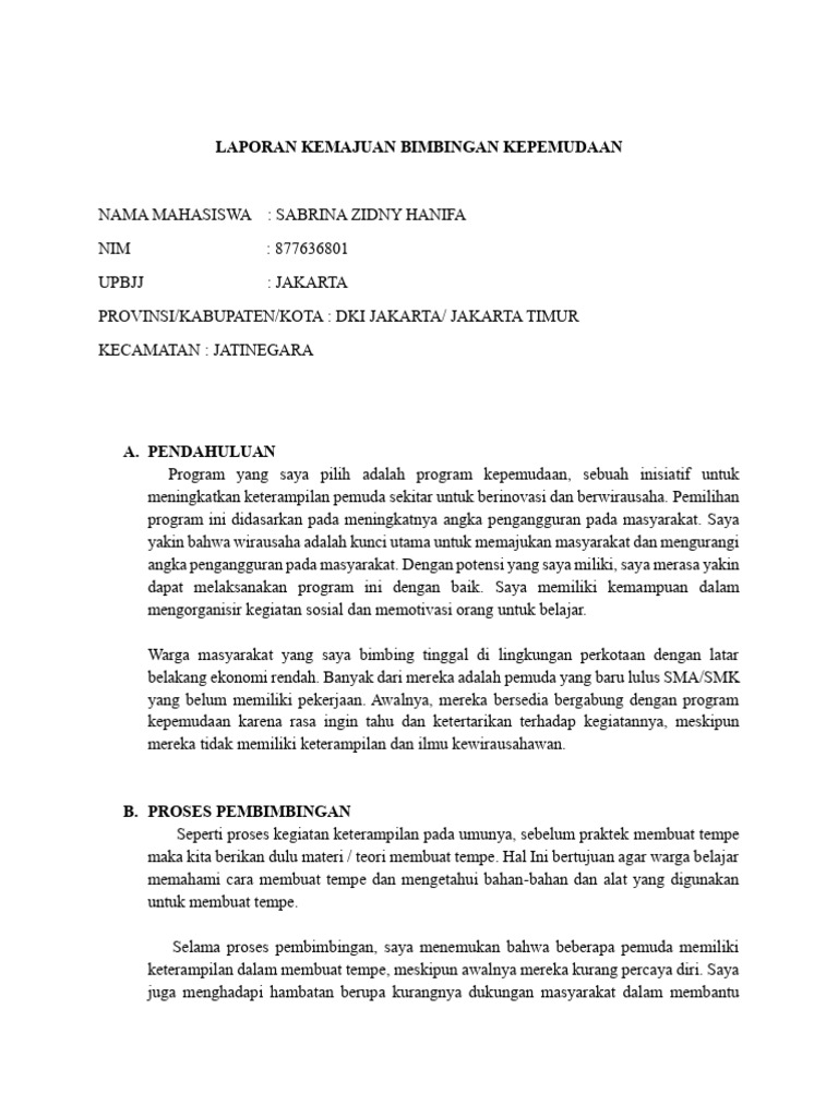 Laporan Kemajuan Kegiatan Bimbingan Kepemudaan | PDF