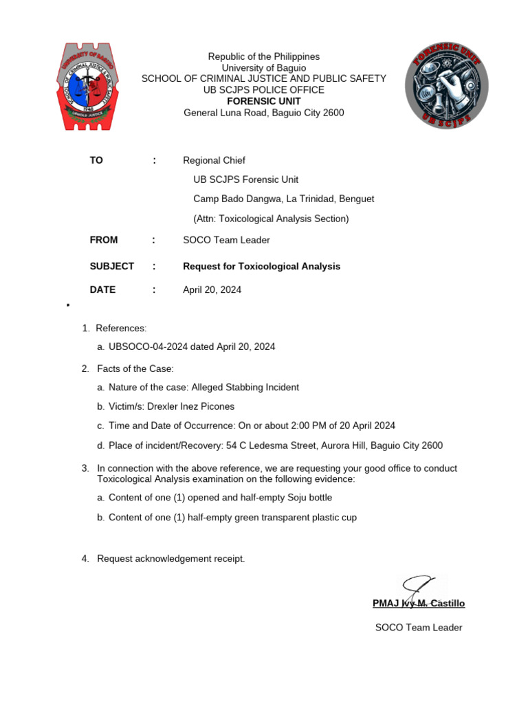 Request For Toxicological Analysis | PDF