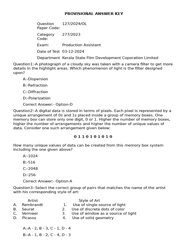 127-2024 Provl Key Production Assistant | PDF | Camera | Cinematography