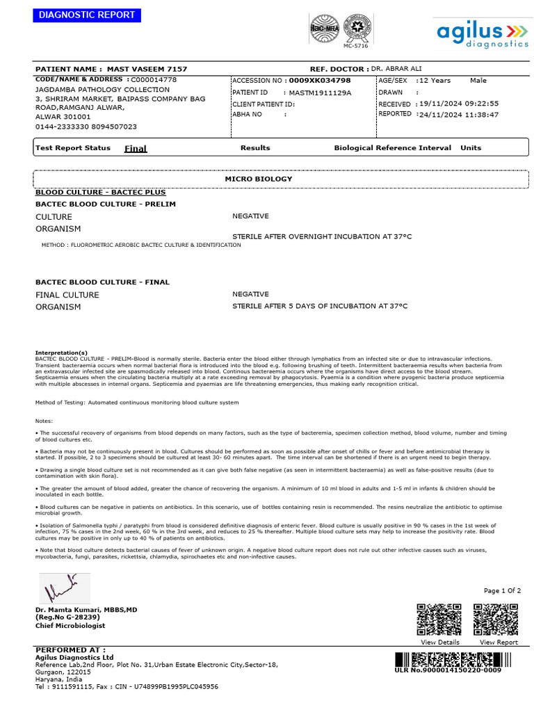 Final: Patient Name: Mast Vaseem 7157 0009XK034798 Ref. Doctor | PDF ...