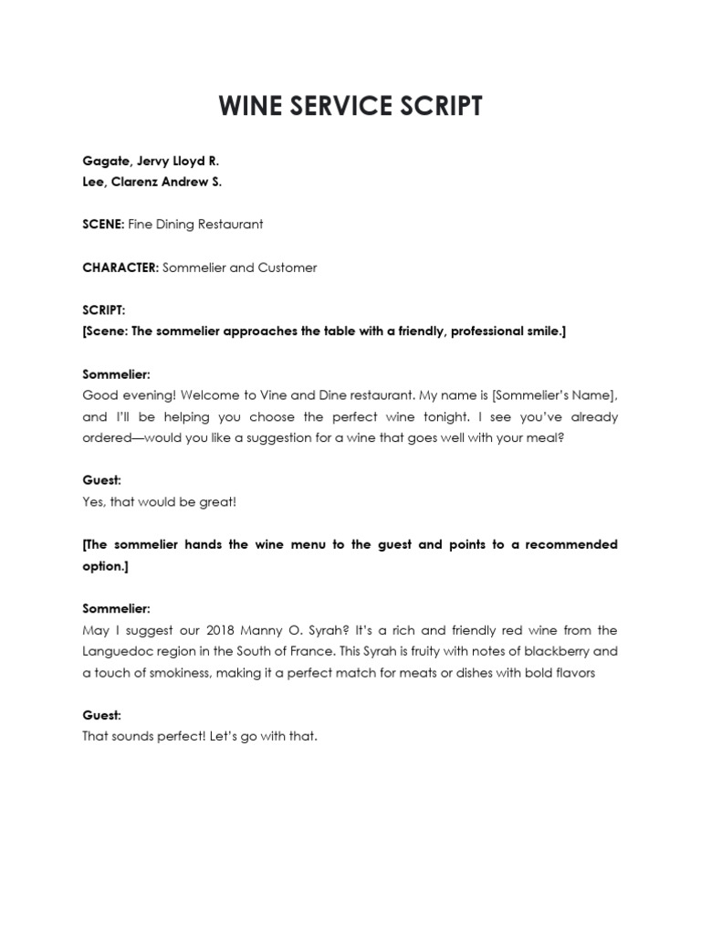 Fine Dining Wine Service Script | PDF | Restaurants | Wine