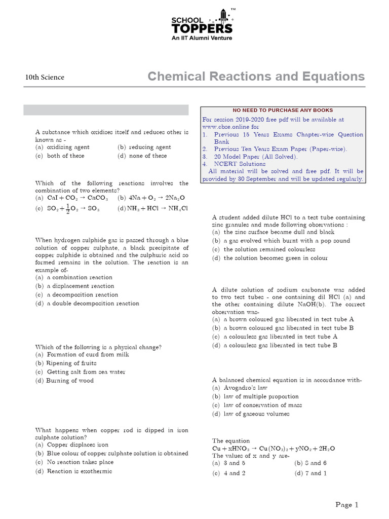 Chemical Reactions and Equations QP_New.2db8d4d | PDF | Redox ...