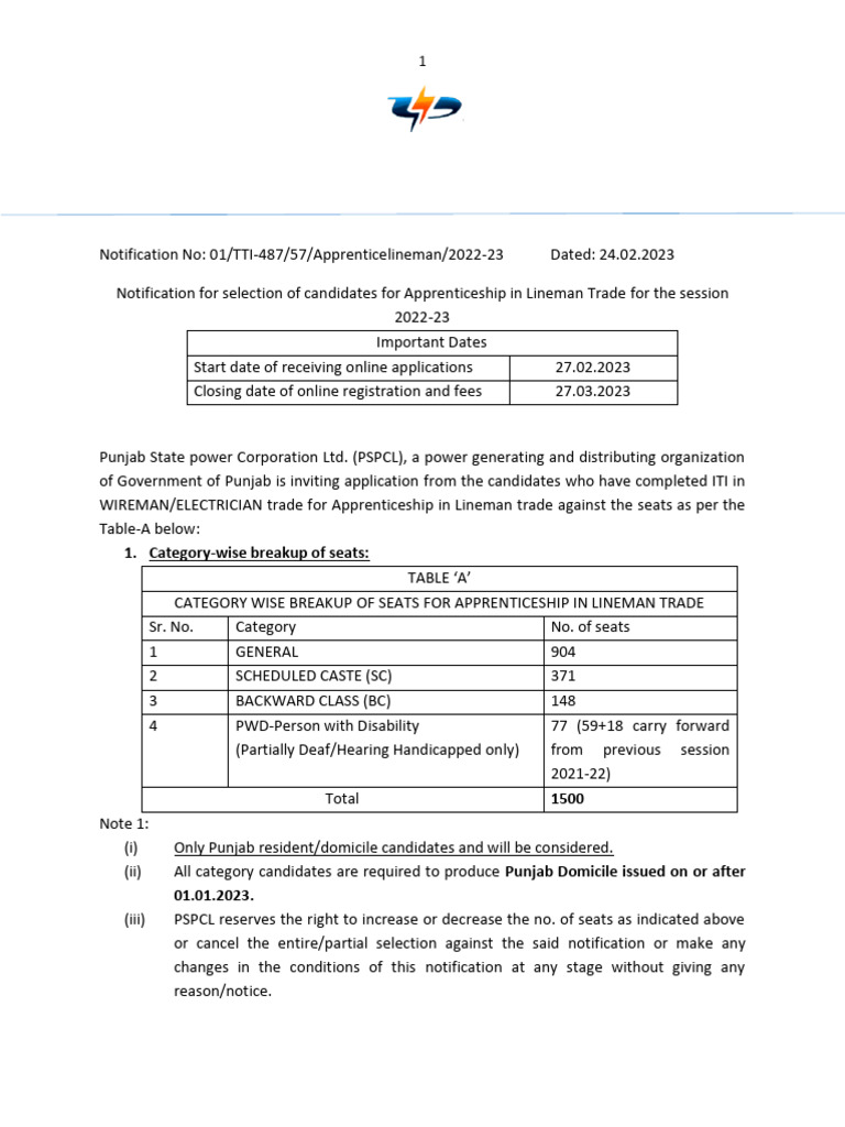 PSPCL Apprentice Vacancy 2023 Notification PDF Lineman | PDF | Apprenticeship | Standard Deviation