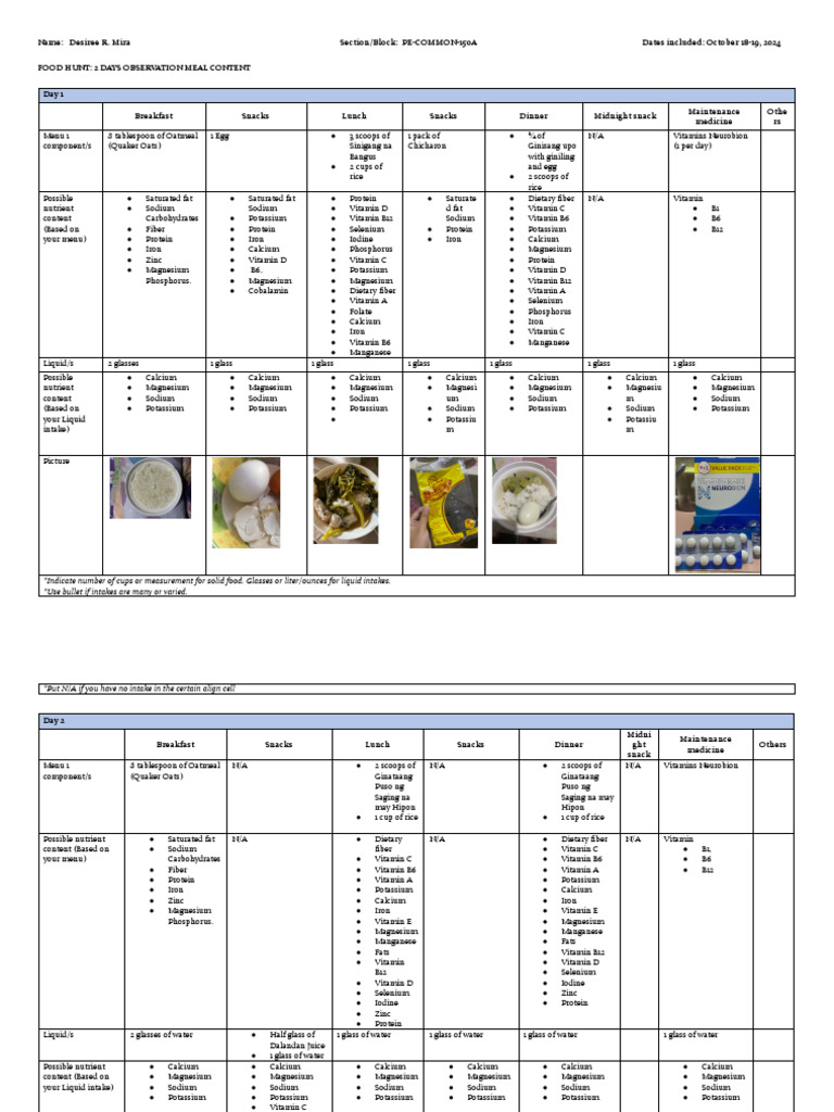 Nutrition - Food Hunt.2 Days Observation Meal Content | PDF | Nutrients ...