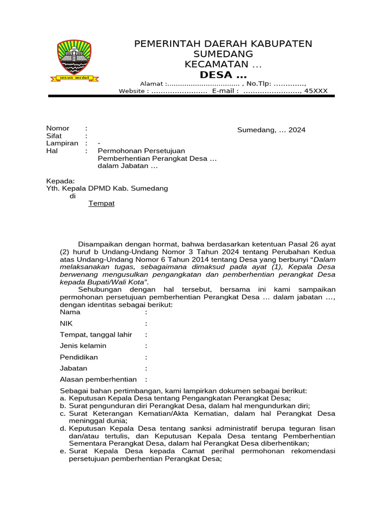 002 Surat Permohonan Persetujuan Pemberhentian Perangkat Desa Ke Bupati | PDF