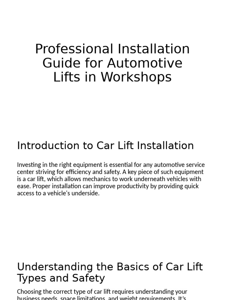 Professional Installation Guide for Automotive Lifts in Workshops | PDF