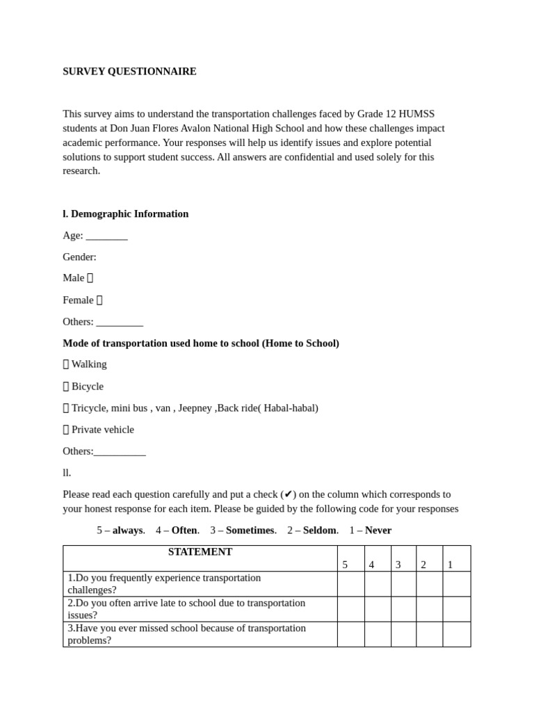 Survey questionnaire | PDF | Transport