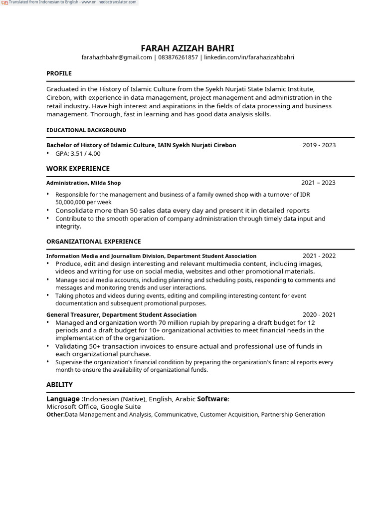 CV_ Farah Azizah Bahri.id.En | PDF | Social Media | Popular Culture & Media Studies