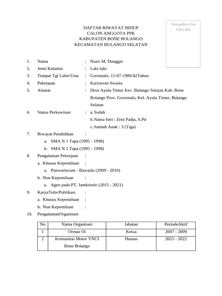 contoh DAFTAR RIWAYAT HIDUP PPK | PDF