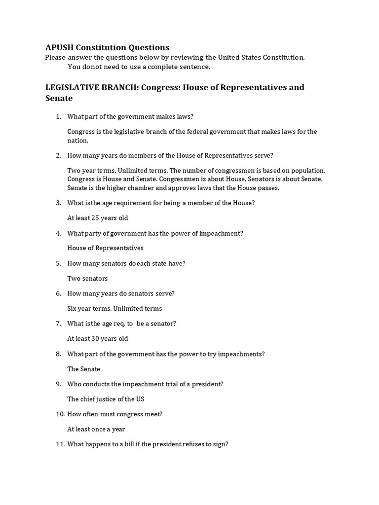 APUSH Constitution Questions | PDF | United States Congress | American ...