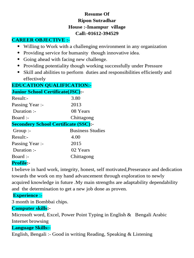 Resume of Ripon Sutradhar House:-Imampur Village Call:-01612-394529 Career Objective | PDF