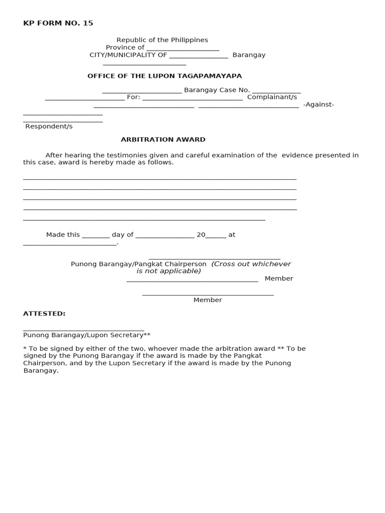 Barangay Arbitration Award Form | PDF