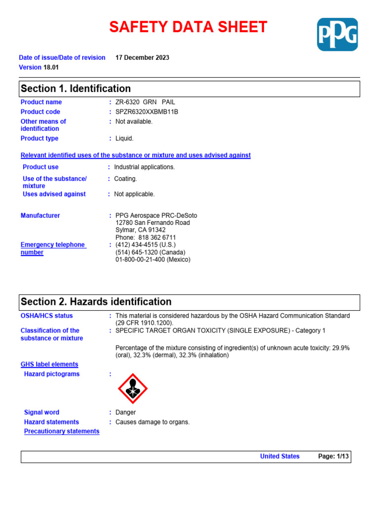 Zr-6320 GRN Pail Msds - en | PDF | Occupational Safety And Health | Safety