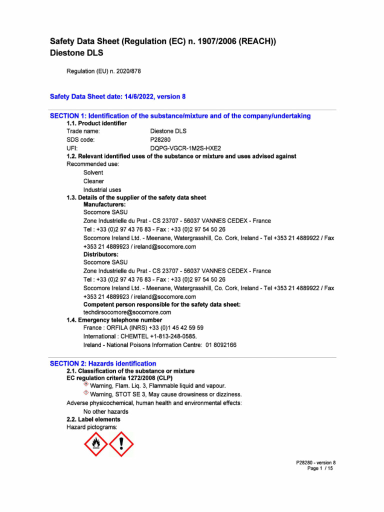 Socomore Diestone DLS Multi-Purpose Cleaning Solvent - SDS (En) | PDF ...
