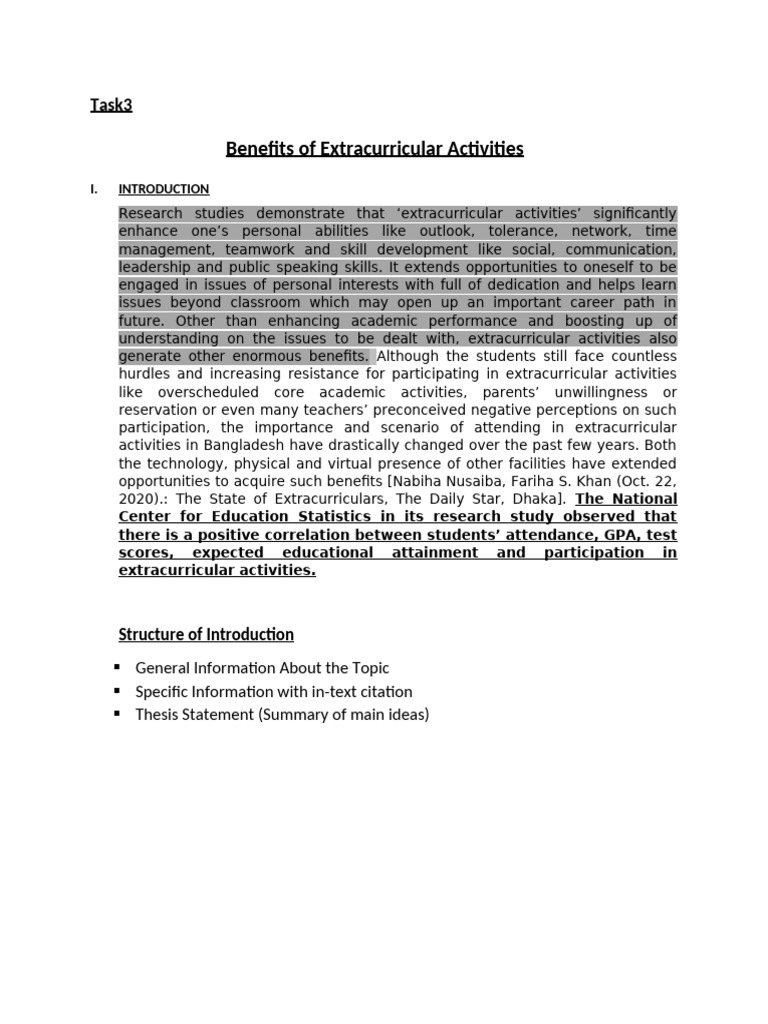 Task3. Introduction To Benefits of Extracurricular Activities | PDF