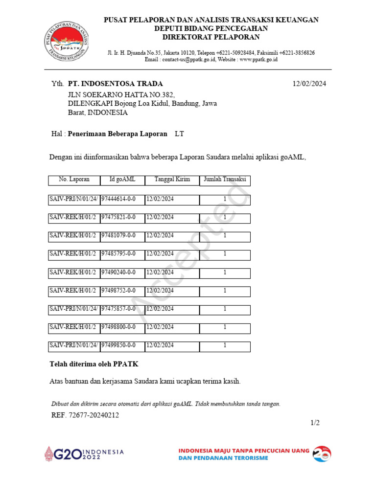 Tanda Terima Laporan Ppatk Jan 2024 | PDF