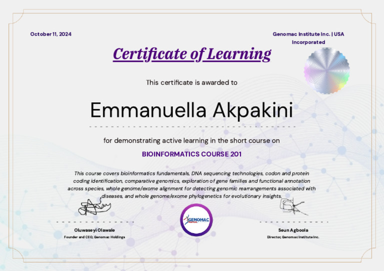 Certi Cate of Learning: Emmanuella Akpakini | PDF
