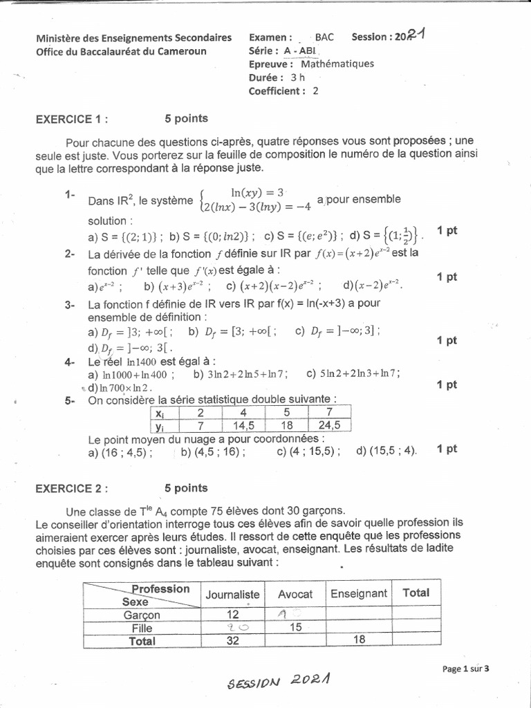 Epreuve Bac 2021 Mathématiques Série A Abi Cameroun | PDF