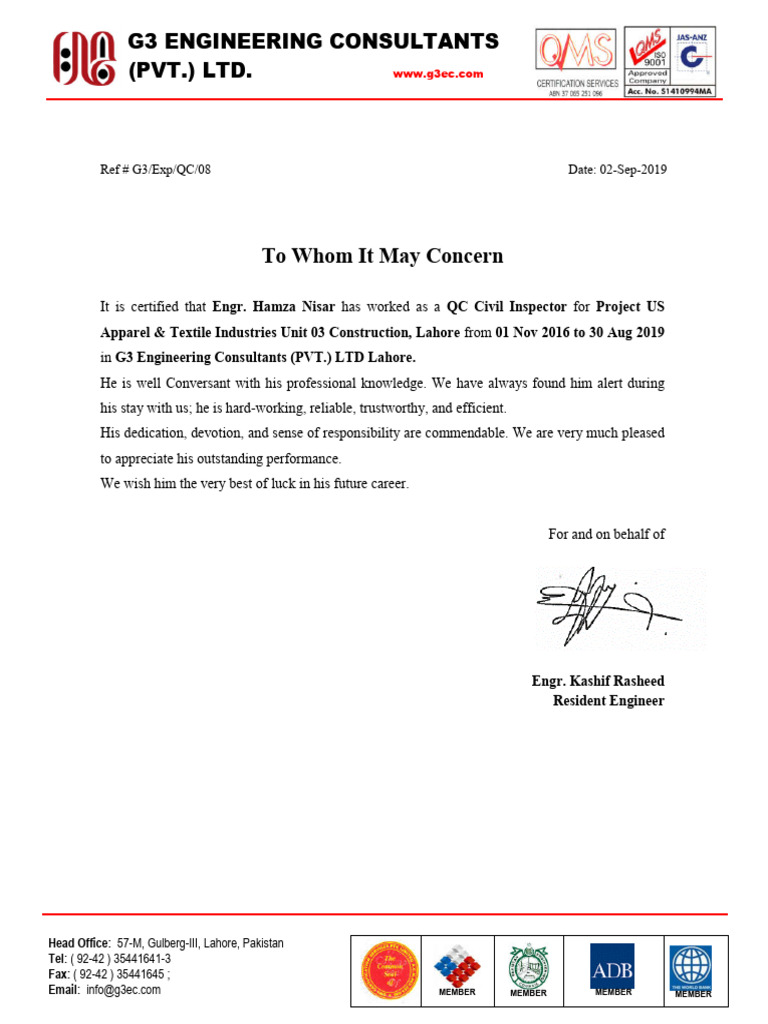 Hamza Nisar Experience Letter G3 | PDF