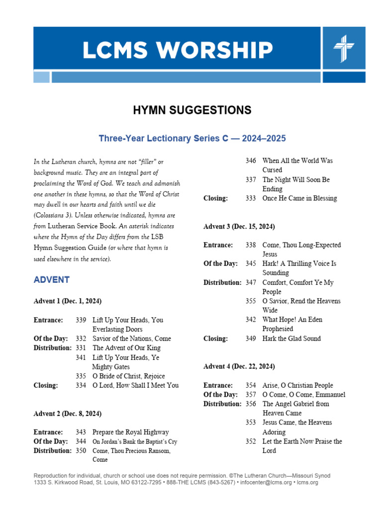 LCMS Worship Hymn Suggestions Three Year Lectionary Series C 2024 25 | PDF | Jesus | Religious ...
