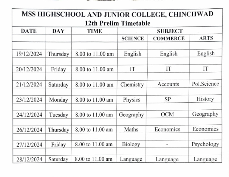 12th Prelim Timetable | PDF