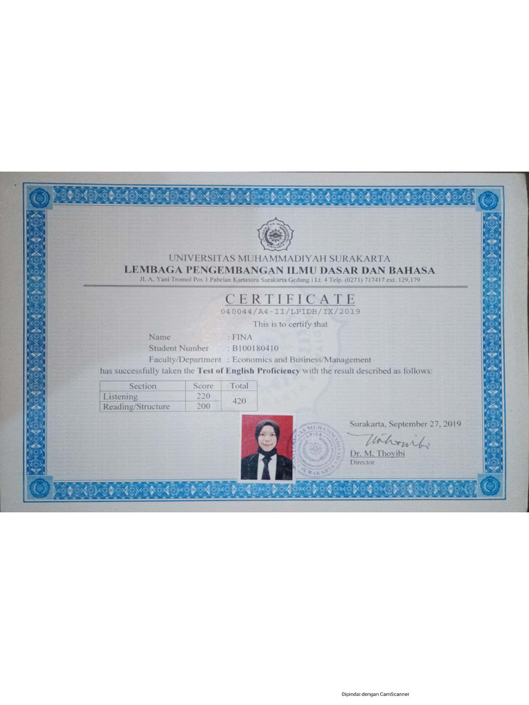 Sertifikat Toep Fina b100180410 | PDF