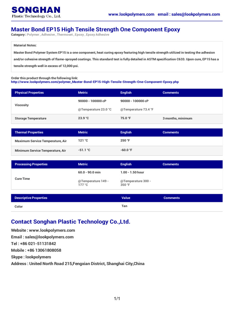 Master Bond EP15 High Tensile Strength One Component Epoxy | PDF