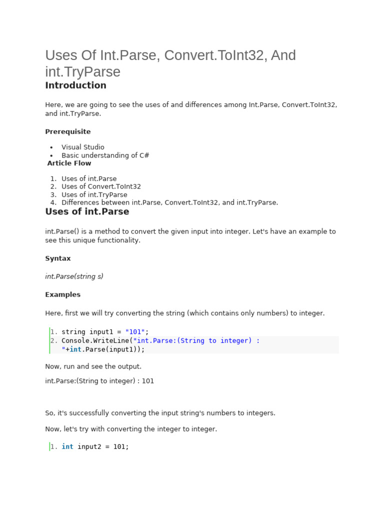 Int.Parse vs Convert.ToInt32 vs int.TryParse | PDF | C Sharp (Programming Language) | Parameter ...