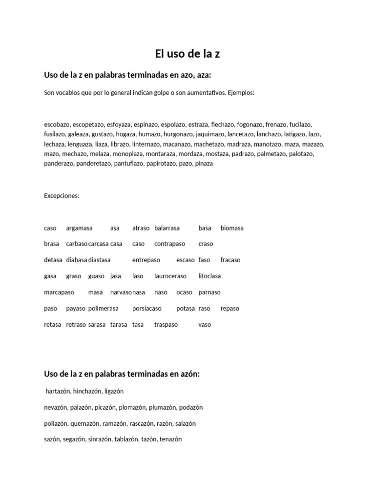 Elusodelaz: Uso de La Z en Palabras Terminadas en Azo, Aza | PDF
