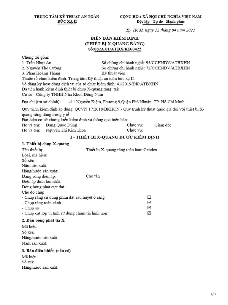 Biên Bản Kiểm Định (Thiết Bị X-Quang Răng) Số:082A.01/ATBX/KĐ/0422 | PDF