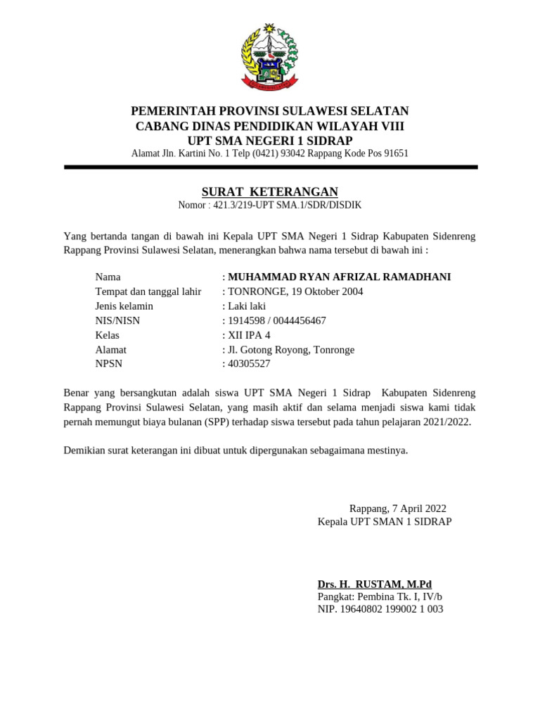 Surat Keterangan Bebas SPP Siswa | PDF